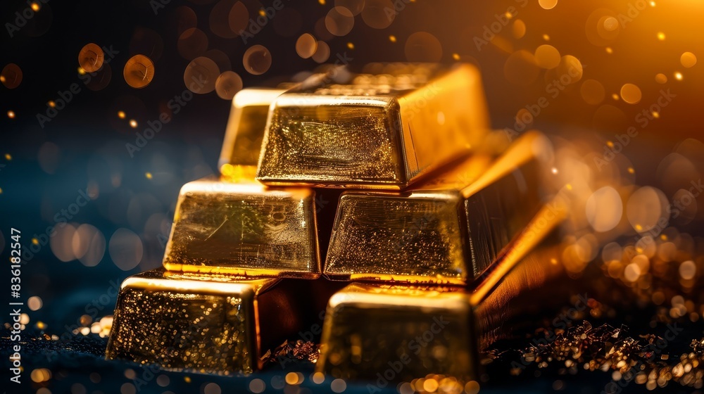 A stack of shiny gold bars illuminated by warm light, with sparkling golden bokeh in the ...