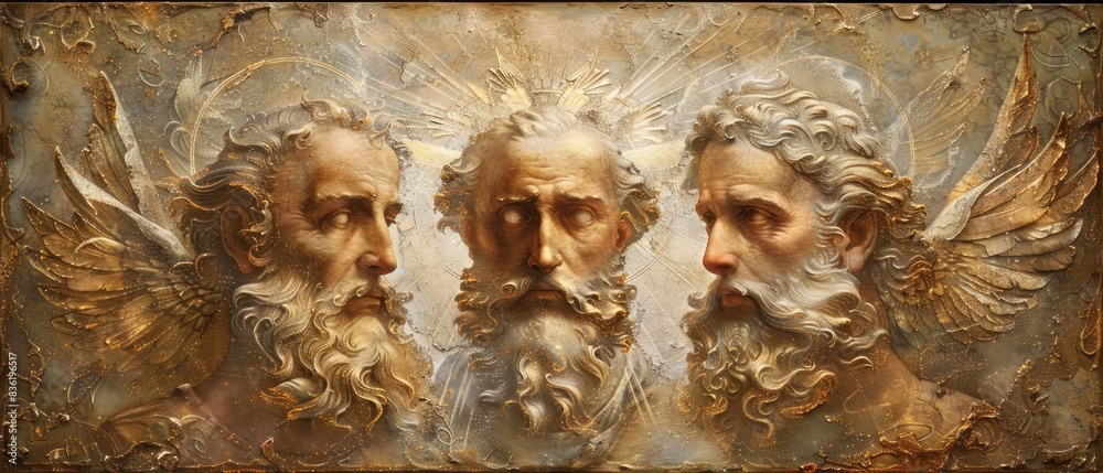 An intricate 2D close-up of The Holy Trinity, showcasing the Father ...