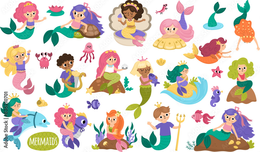 Vector mermaids set. Underwater kingdom collection with ocean princess ...