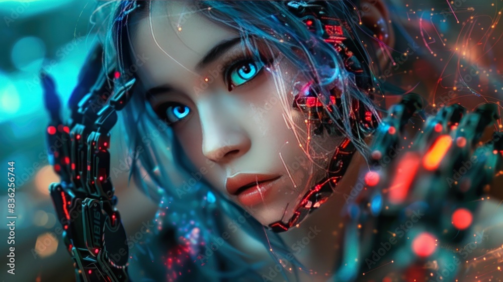 Fantasy character cute face cyborg girl cyberpunk anime style ...