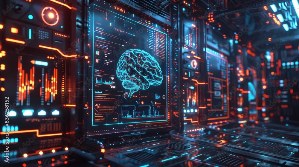 Artificial Intelligence brain, Glowing Neural Pathways and Luminous Fibers, Striking Silhouette ...