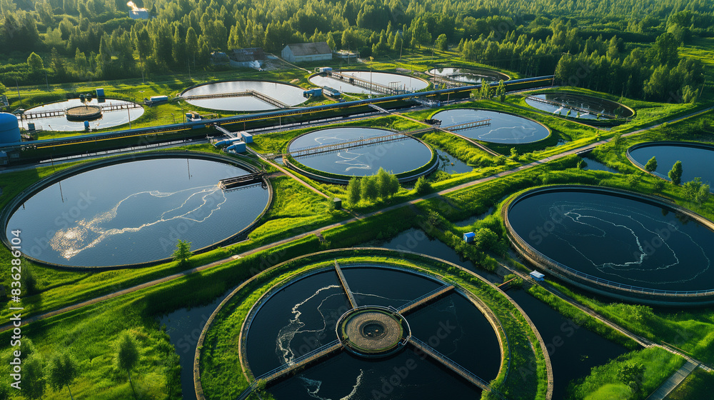 Aerial view of wastewater treatment plant, effluent and wastewater ...