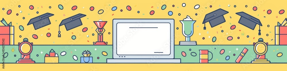 Creative Graduation Celebration Banner with Laptop, Diplomas, Hourglass ...