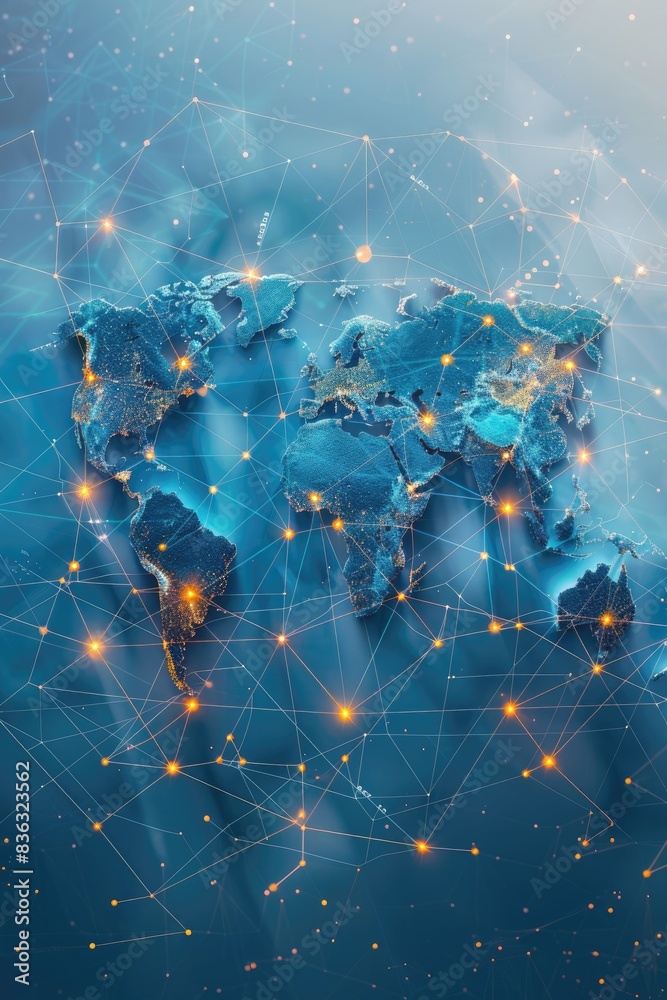 A world map with highlighted financial centers connected by lines ...