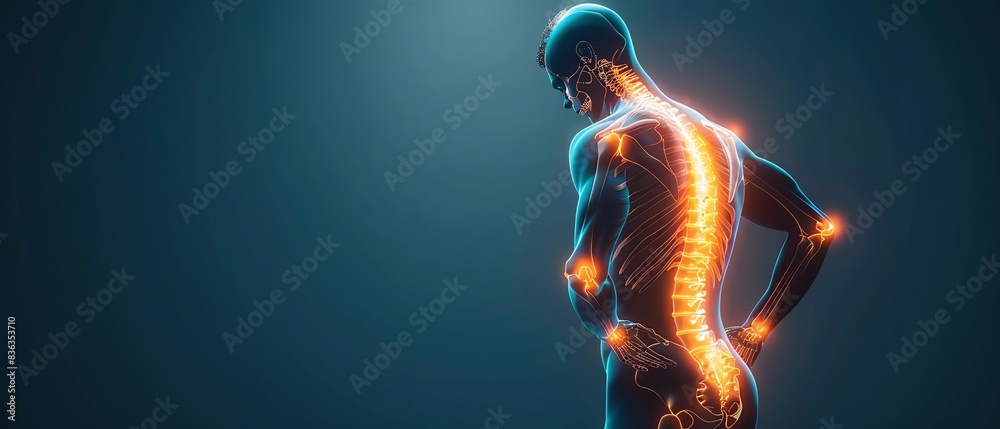 Detailed person with severe back pain shown in 3D rendering, orthopedic ...