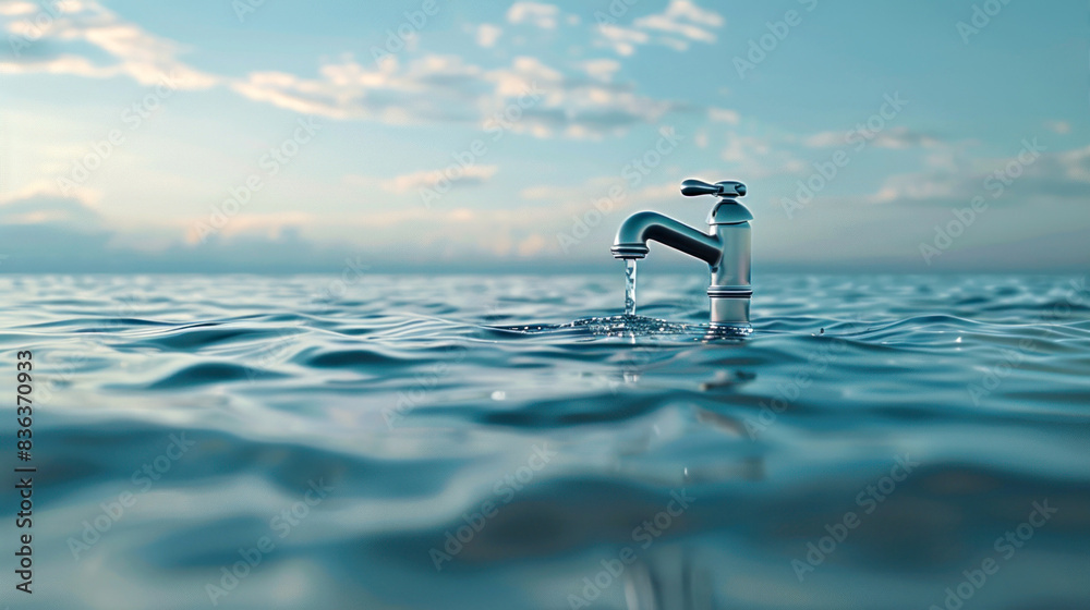 A modern chrome faucet protrudes from the vast ocean, symbolizing the ...