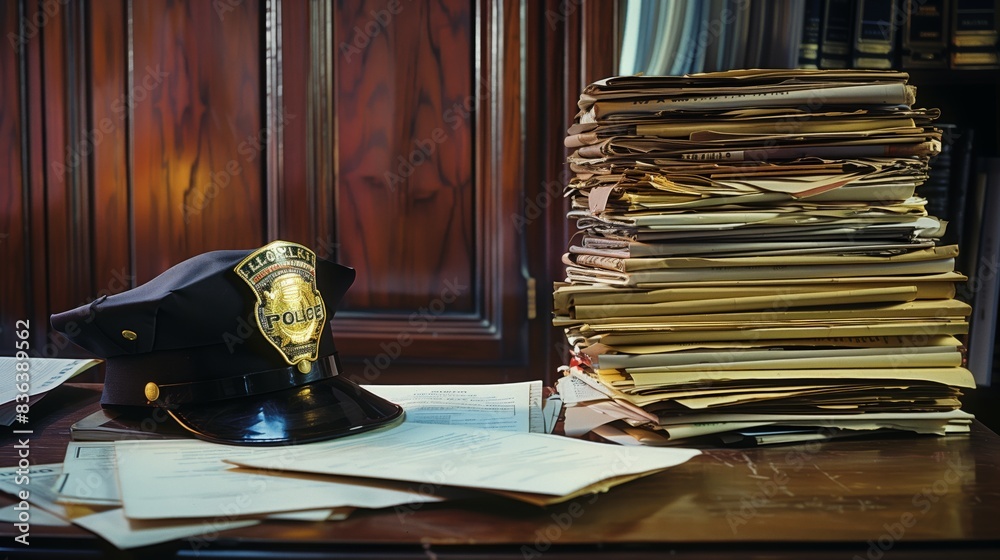 Yellowed documents and a vintage police hat on a mahogany desk ...