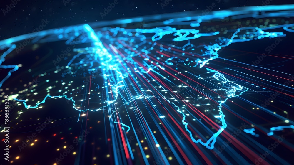 High-speed rail network visualization, with streaks of light tracing ...