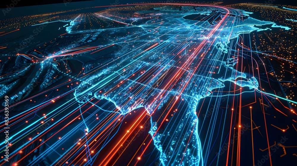 High-speed rail network visualization, with streaks of light tracing ...