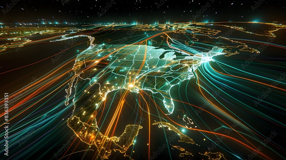 High-speed rail network visualization, with streaks of light tracing ...