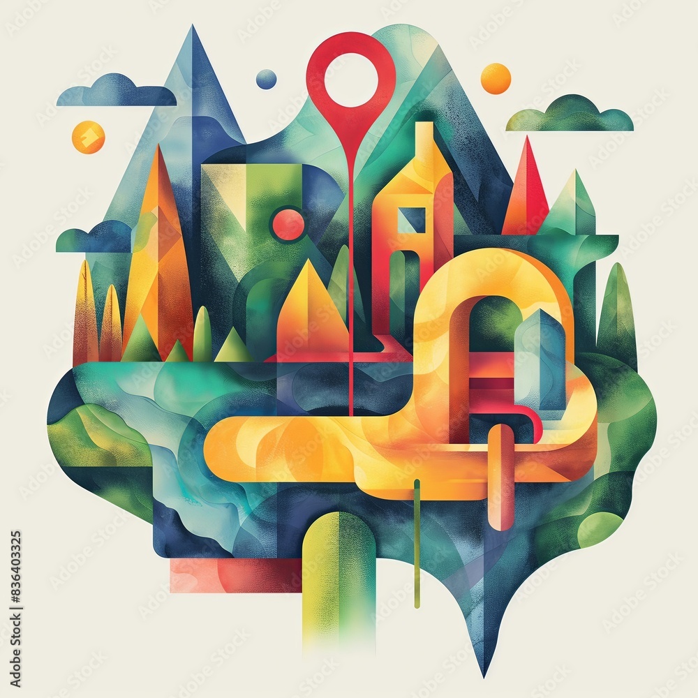 Design a geometrically abstract landscape with a location marker ...