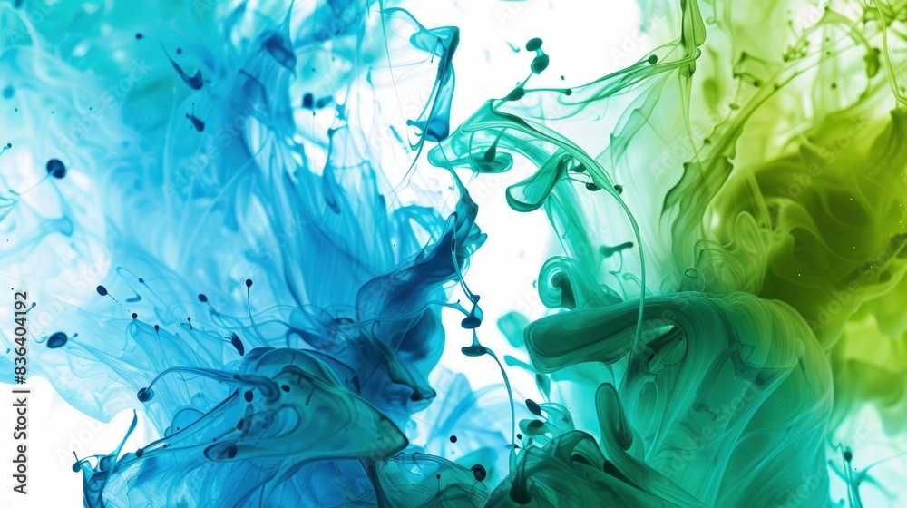 Blue and green paint splashing, Ink Chronicles, peaceful radiance pulses through fluid channels ...