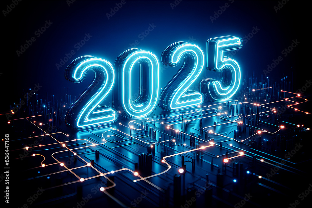 New Year Futuristic Neon 2025 Signage, Glowing 2025 on Digital Grid ...