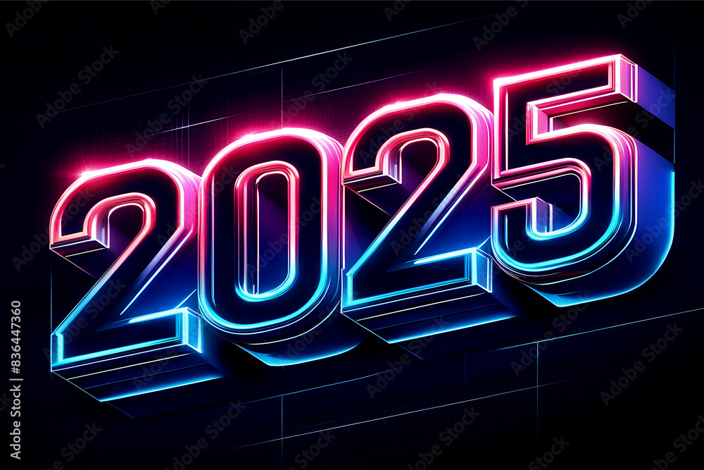 New Year Futuristic Neon 2025 Signage, Glowing 2025 on Digital Grid ...