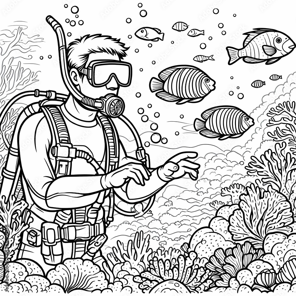 Scuba Diver Exploring Coral Reef Coloring Page for Kids Stock ...