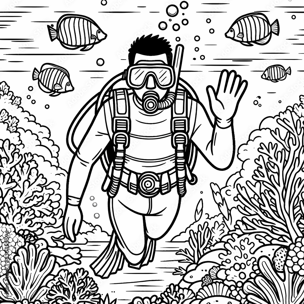 Scuba Diver Exploring Coral Reef Coloring Page for Kids Stock ...