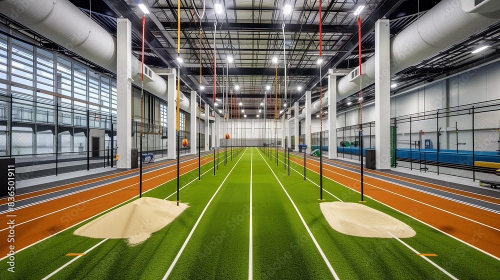 A comprehensive indoor athletics facility featuring a synthetic running ...