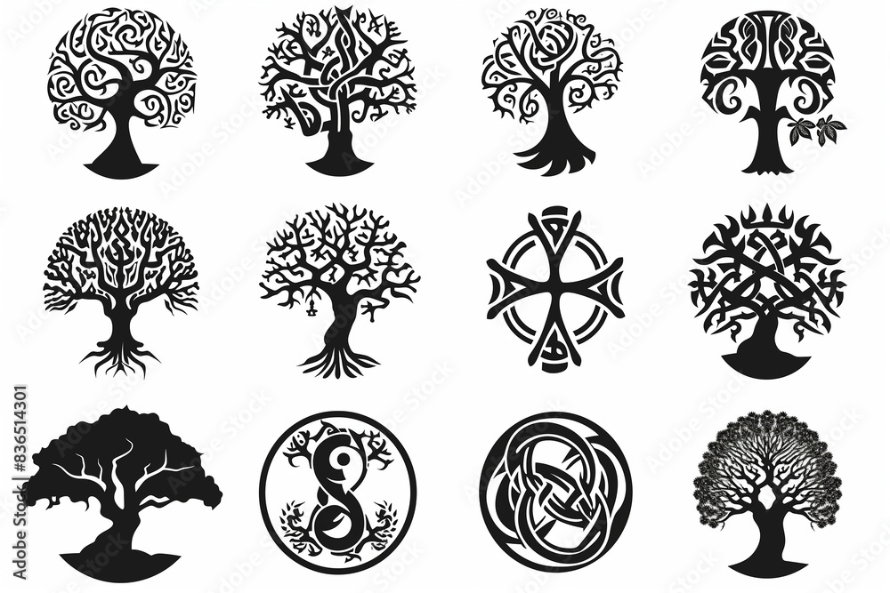 Yggdrasil Tree Of Life And Viking World Tree Symbols Icons Black ...
