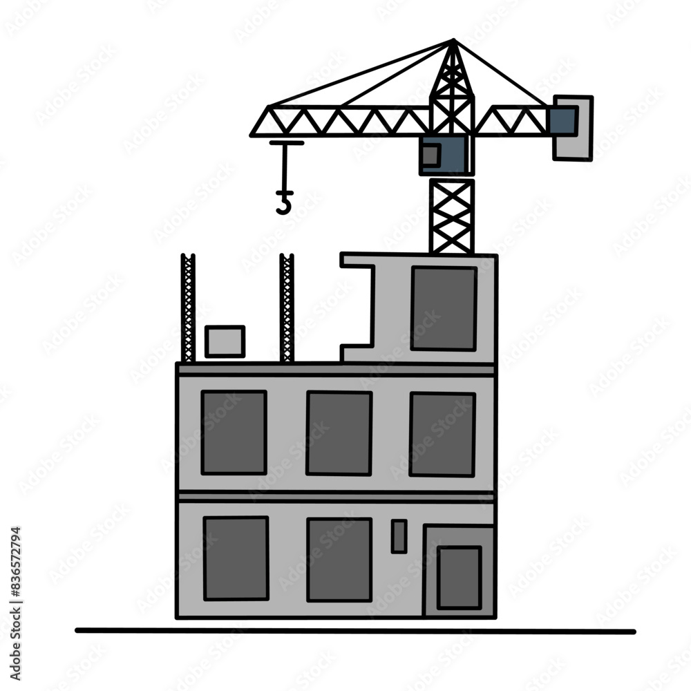 Ilustrasi konstruksi bangunan dengan tower crane yang sedang berjalan ...