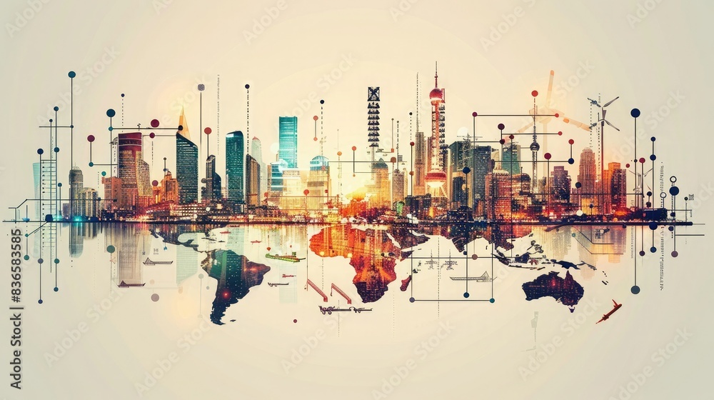 Abstract digital world map with a futuristic cityscape overlay ...