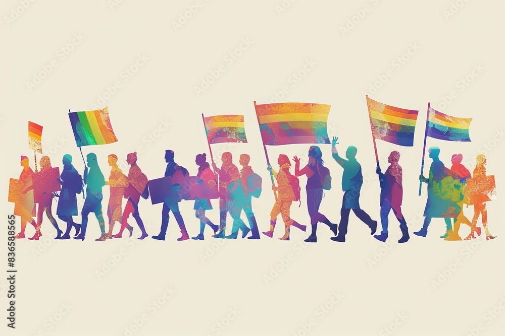 Simplified vector scene of a Pride march with participants holding ...