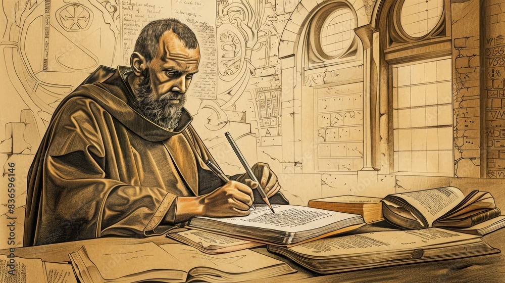 Biblical Illustration of Saint Benedict of Nursia writing the Rule of ...