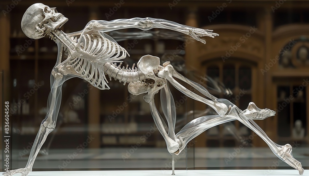 Human skeleton model in a museum display, posed in a dynamic, athletic ...