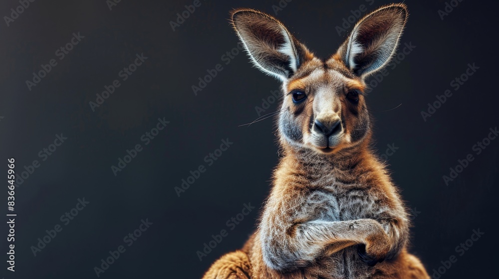 A red kangaroo sits with its arms crossed, staring intently at the ...