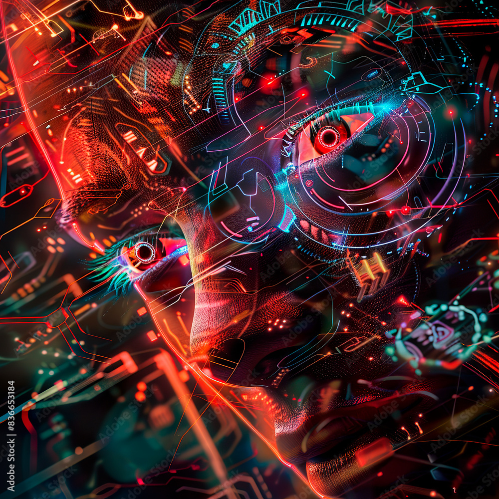 Vibrant human robot AI with intricate futuristic digital networks and pulsating energy spheres ...