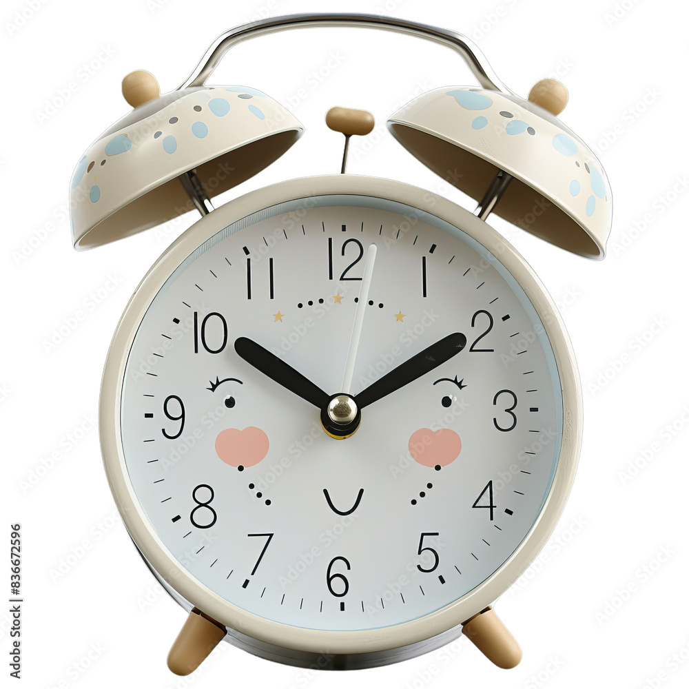 Cute vintage alarm clock with a smiling face design, isolated white ...