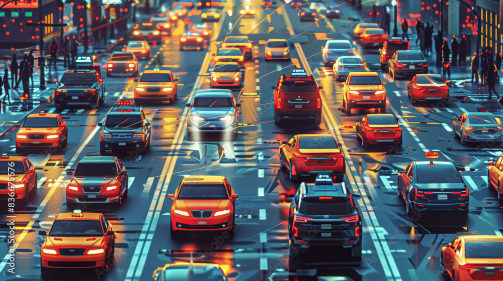 Simplified vector depiction of an autonomous car navigating busy urban ...