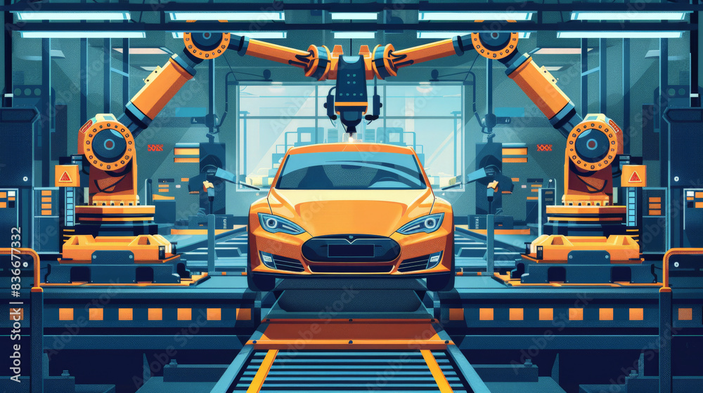 Simplified vector scene of a car manufacturing plant with robotic arms precisely assembling ...