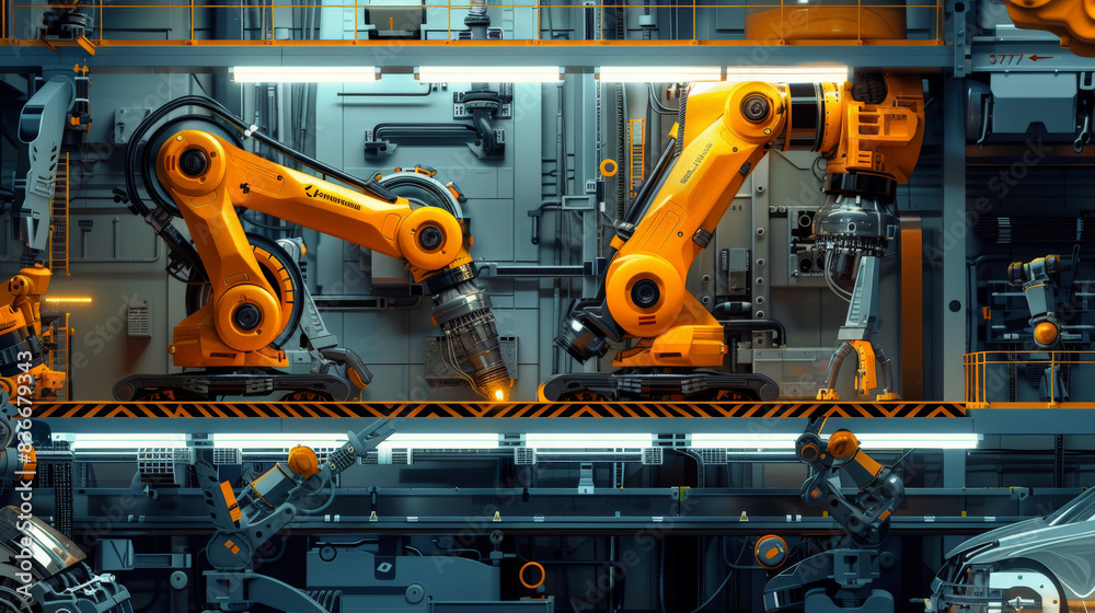 Simplified vector scene of an automotive robotics assembly line, featuring advanced robots ...