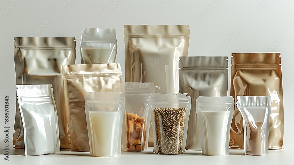 Mockups of flexible packaging options, such as stand-up pouches and ...