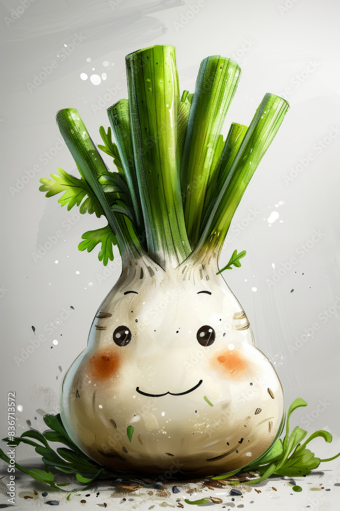 Kawaii Leek. Generated image. A digital illustration of a cute happy ...