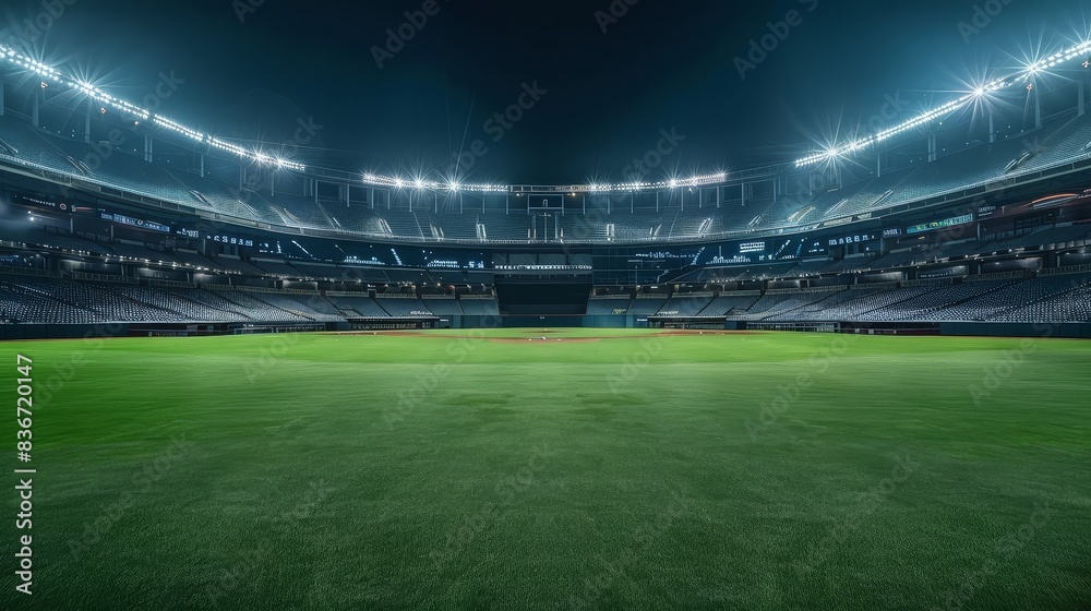 Breathtaking panoramic view of a deserted baseball stadium at night ...