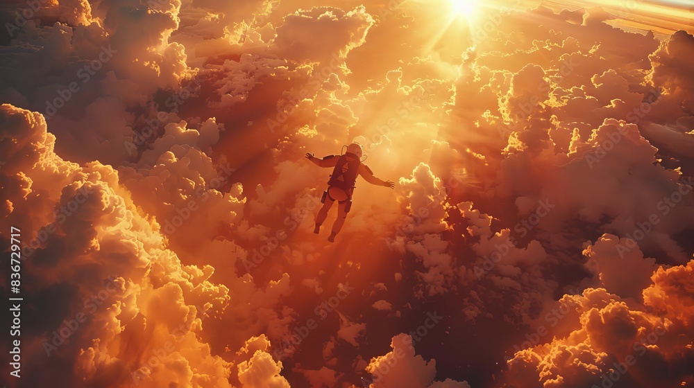 Illustrate the adrenaline rush of a skydiver descending through fluffy ...