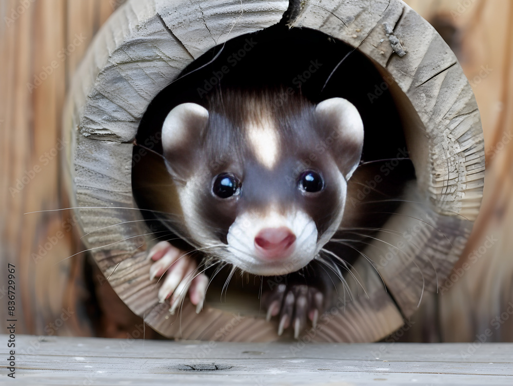 Curious ferret peeking out from a cozy hiding spot in a playful and ...