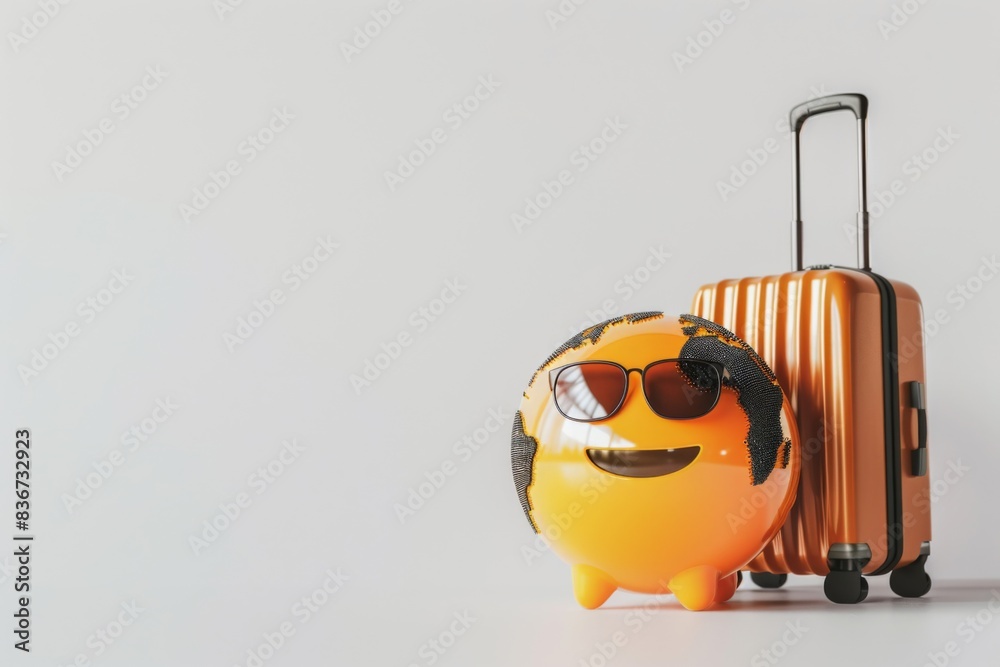 Globe emoji with sunglasses and suitcase on plain white background ...