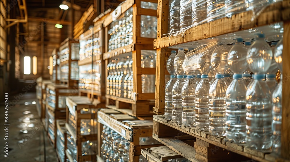 Water bottles packed securely in wooden crates, stacked and wrapped in ...