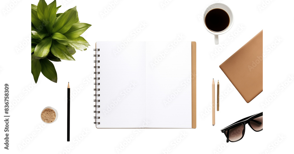 set of a beautiful overhead view of office desk, with an open notebook ...