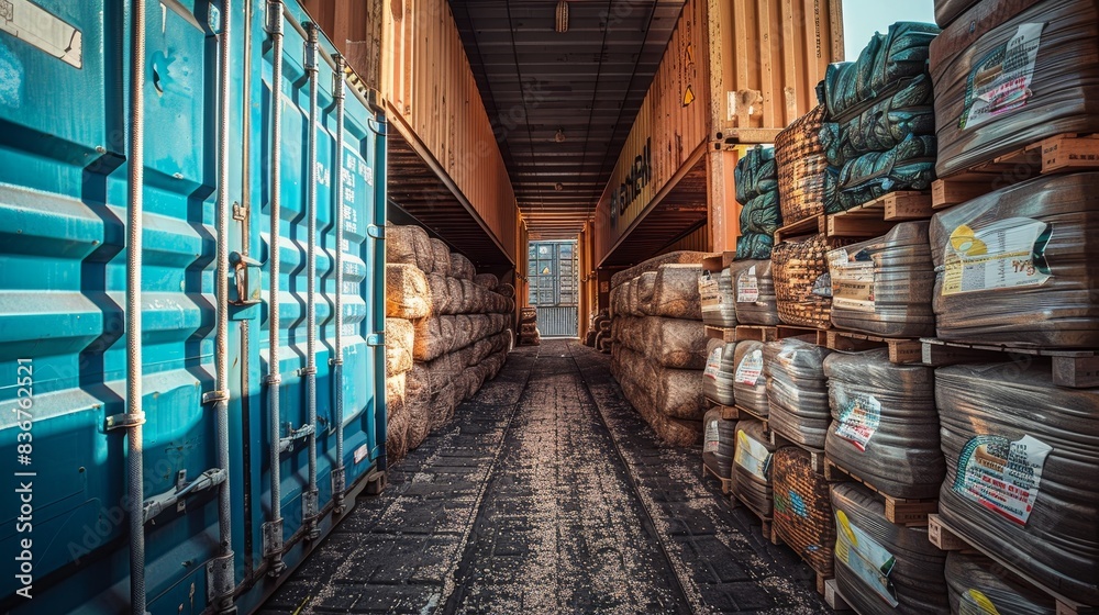 Interior of a shipping container filled with neatly arranged crates and ...
