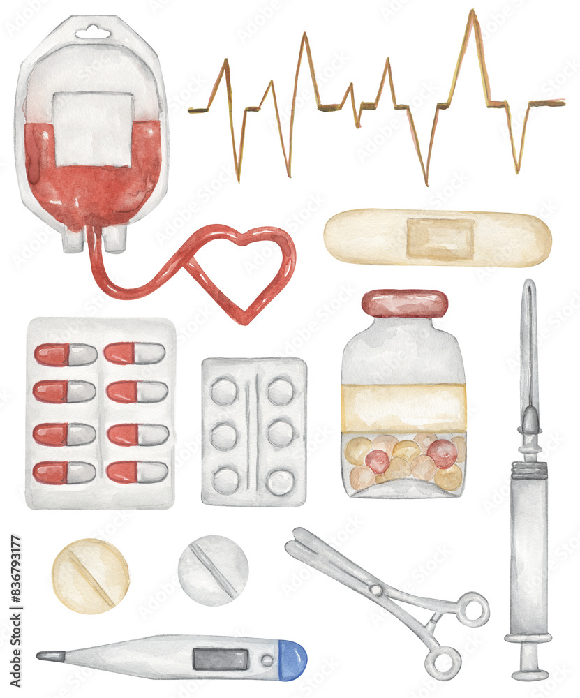 Watercolor medical devices clipart set, blood, medicine bottle, patch ...