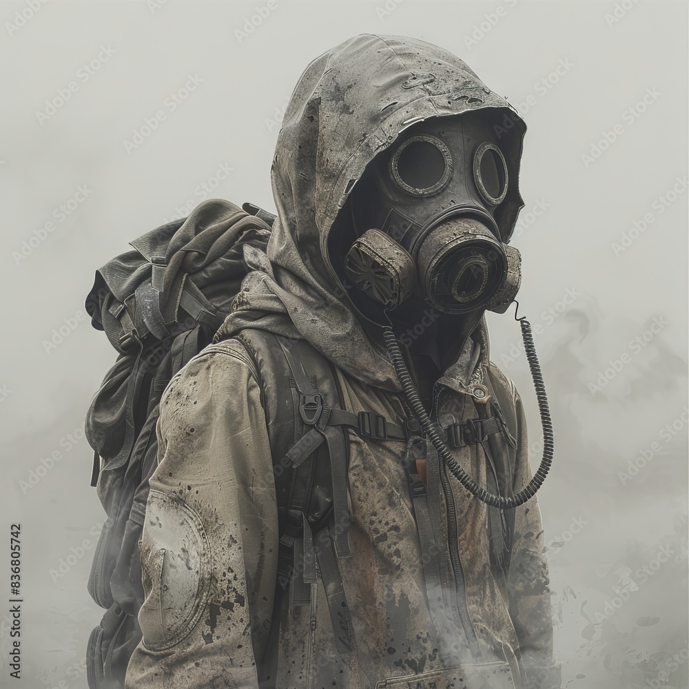 Person wearing a gas mask and hooded jacket in a misty, foggy ...