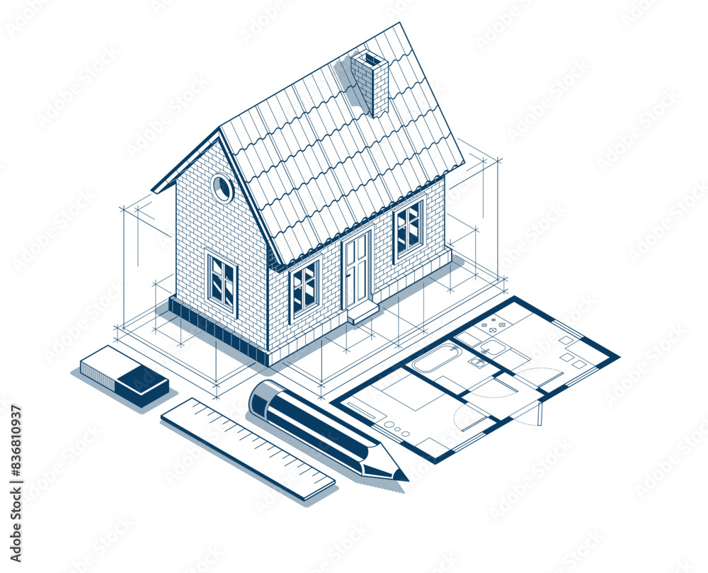 House project implementation embodiment concept, 3D isometric vector ...