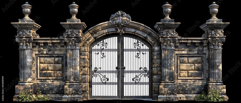 Ornate wrought iron gate with stone pillars and intricate details ...