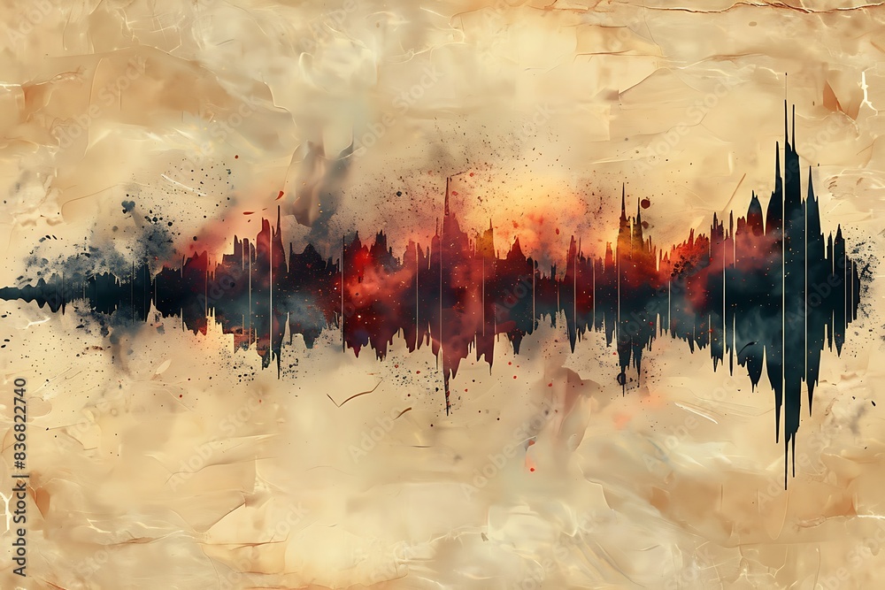 Vintage audio waveform graphic, background is beige, 80s hiphop style ...