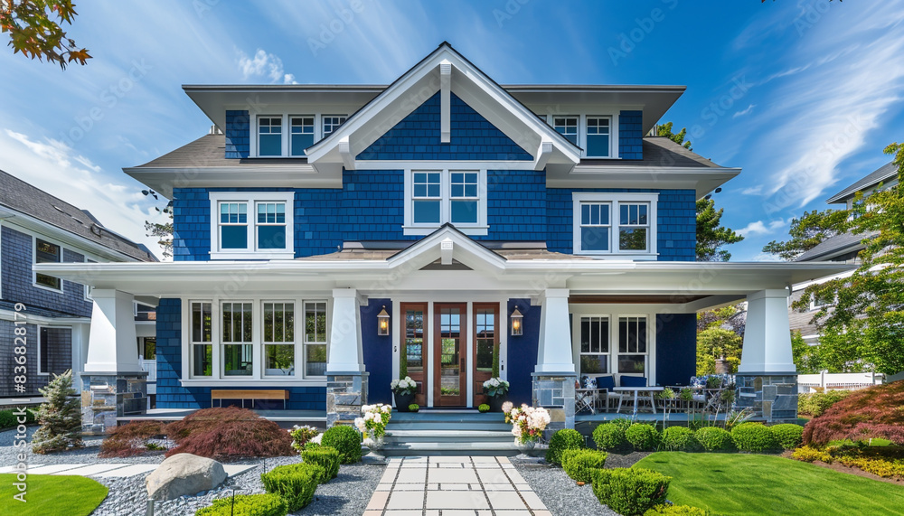 Luxurious Craftsman Style New Construction Navy Blue House Highlighting ...