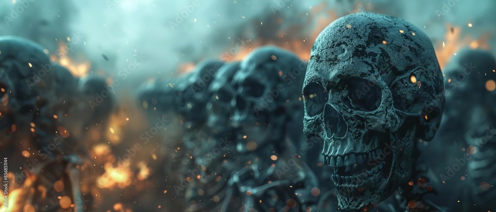 Skeleton army rising from the grave, spooky Halloween, focus on ...