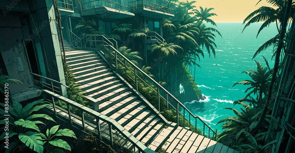 cyberpunk lo-fi tropical city stairwell sunset. stairs staircase to ...